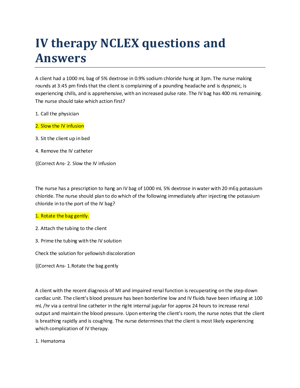 IV therapy NCLEX questions and Answers - Scholarfriends